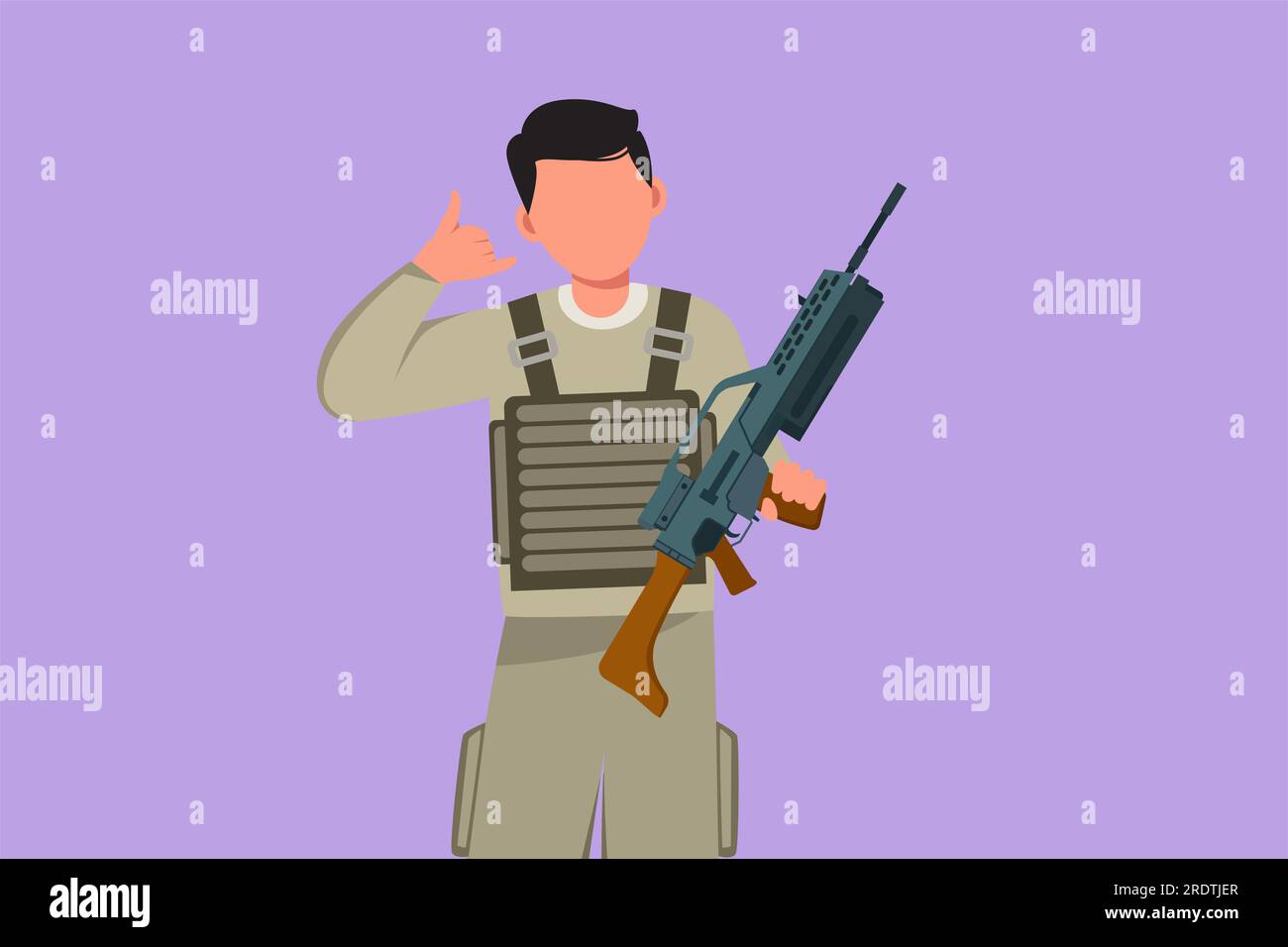 Cartoon flat style drawing male soldier in full uniforms, holding ...