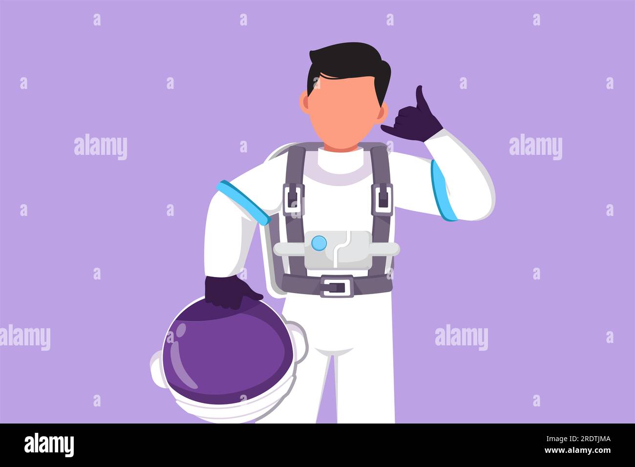 Character flat drawing active male astronaut holding helmet with call me gesture wearing ...