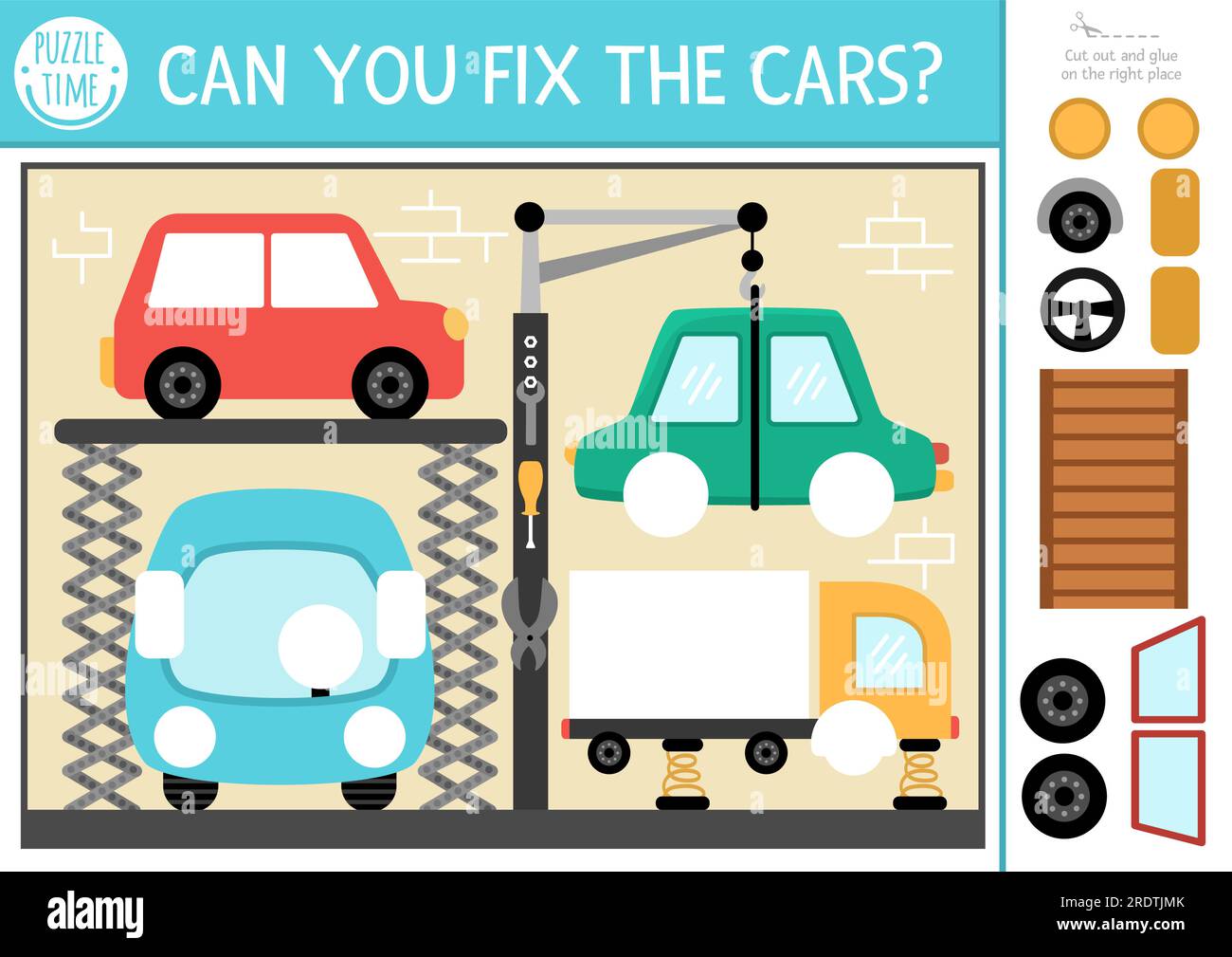 Vector transportation cut and glue activity. Crafting game with cute ...