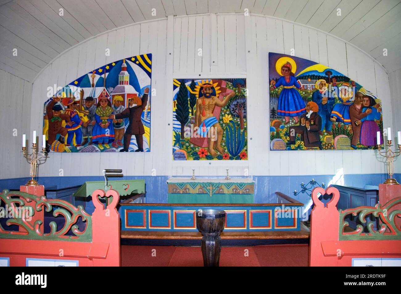 Altarpiece, Laestadius at the Sami, wooden church, Jukkasjarvi, Lapland ...