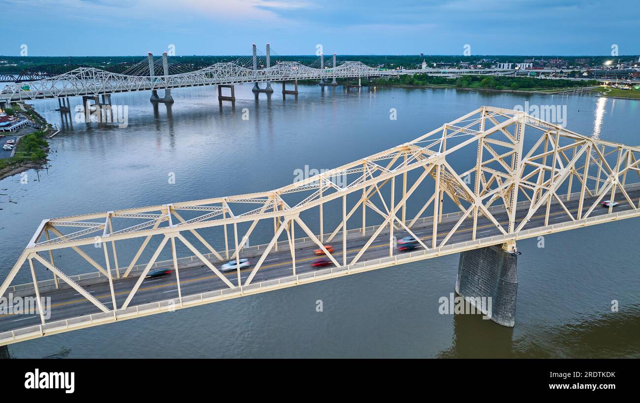 White gold truss bridge aerial at blue sunset over Ohio River Stock ...