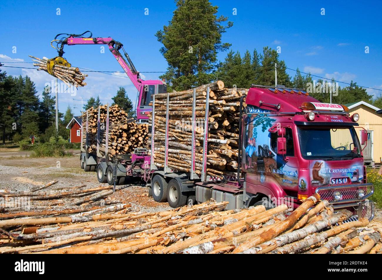 Painted truck loaded with logs, loading of wood, Pello, Lapland ...