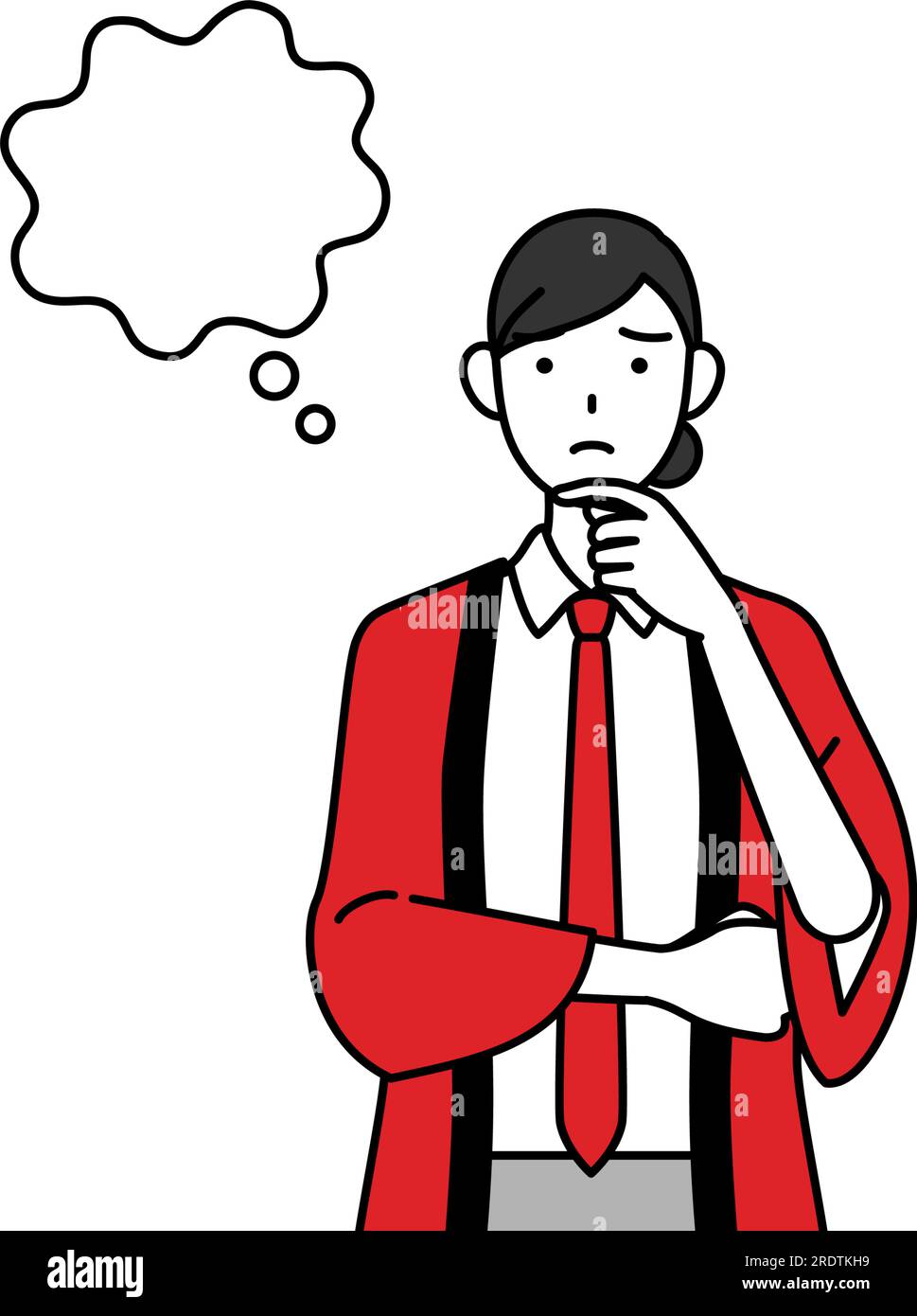 Woman wearing a red happi coat thinking while scratching her face ...