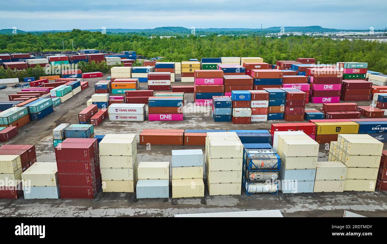 Multiple colors, colorful shipping yard, aerial, shipping crates ...