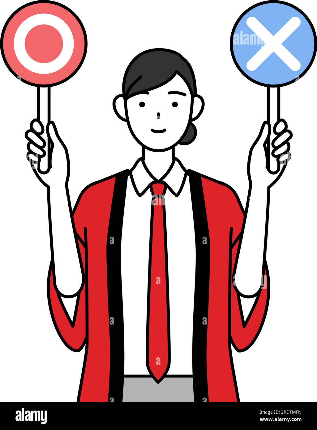 Woman wearing a red happi coat holding a placard indicating correct and ...