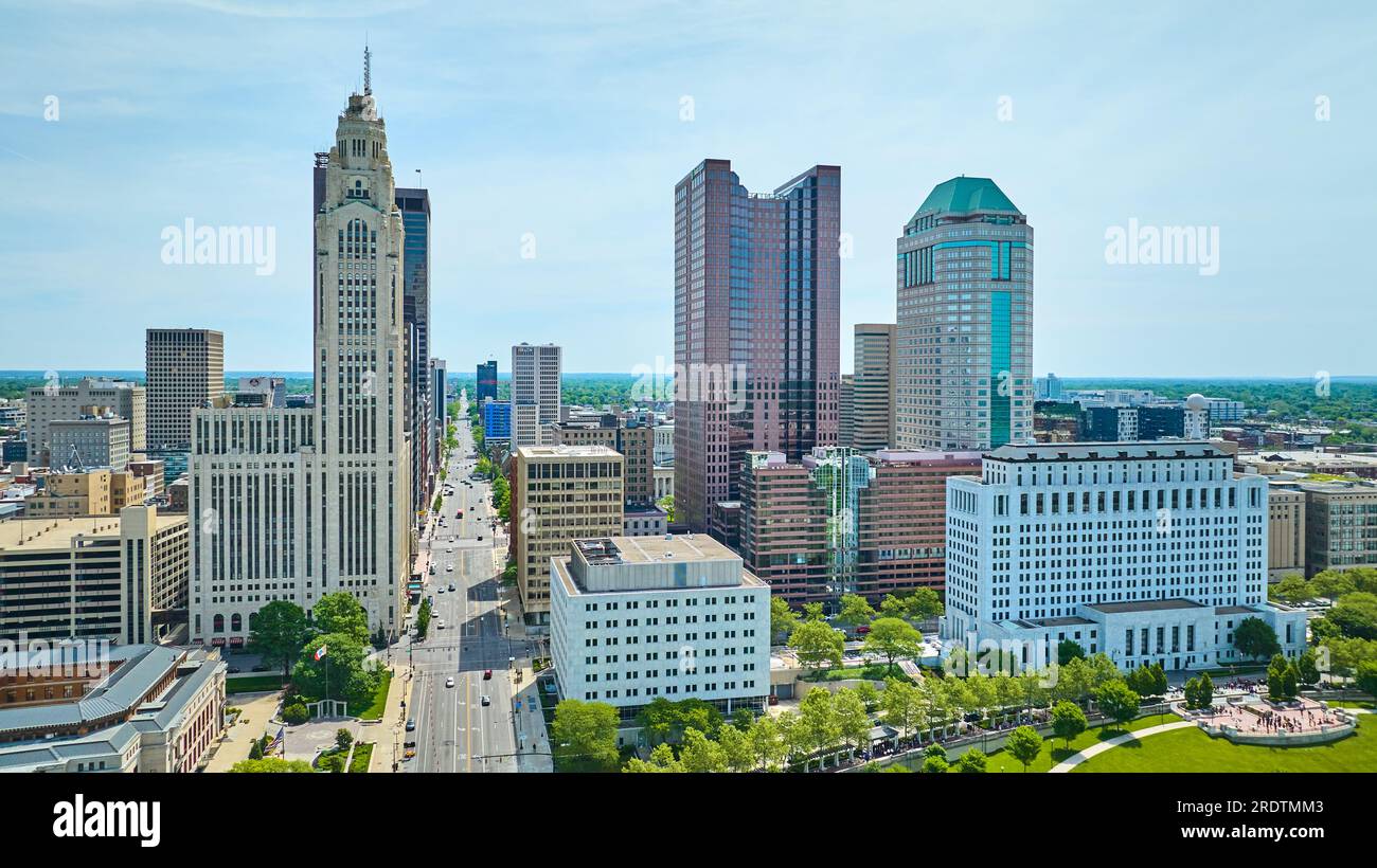 Iconic skyscrapers downtown Columbus Ohio aerial with main road cutting ...