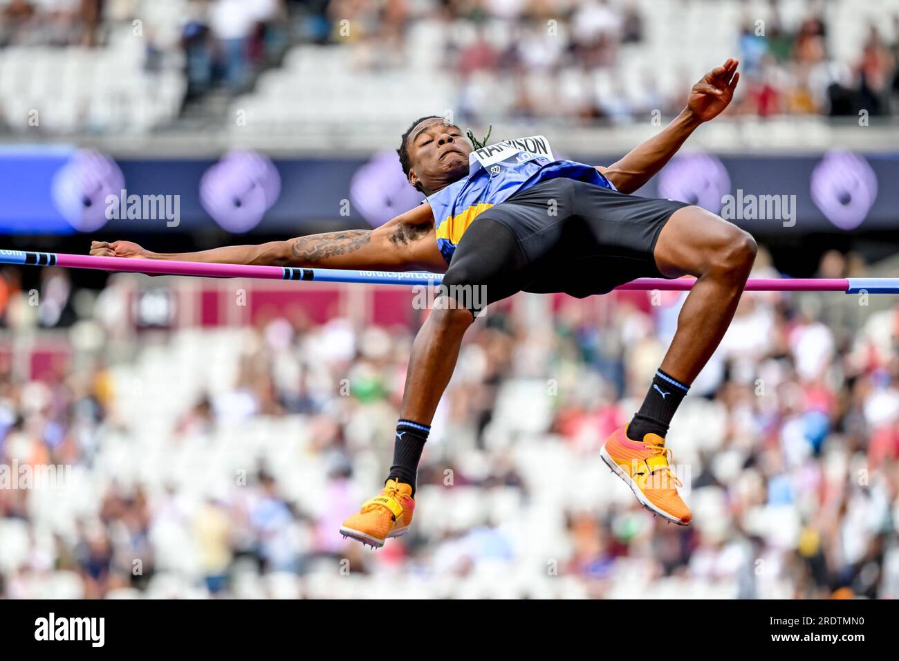 HARRISON, JuVaughn USA competing in a close contest in the high jump at ...