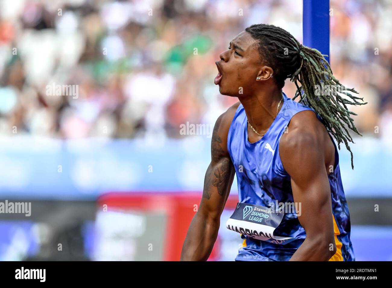 HARRISON, JuVaughn USA competing in a close contest in the high jump at ...