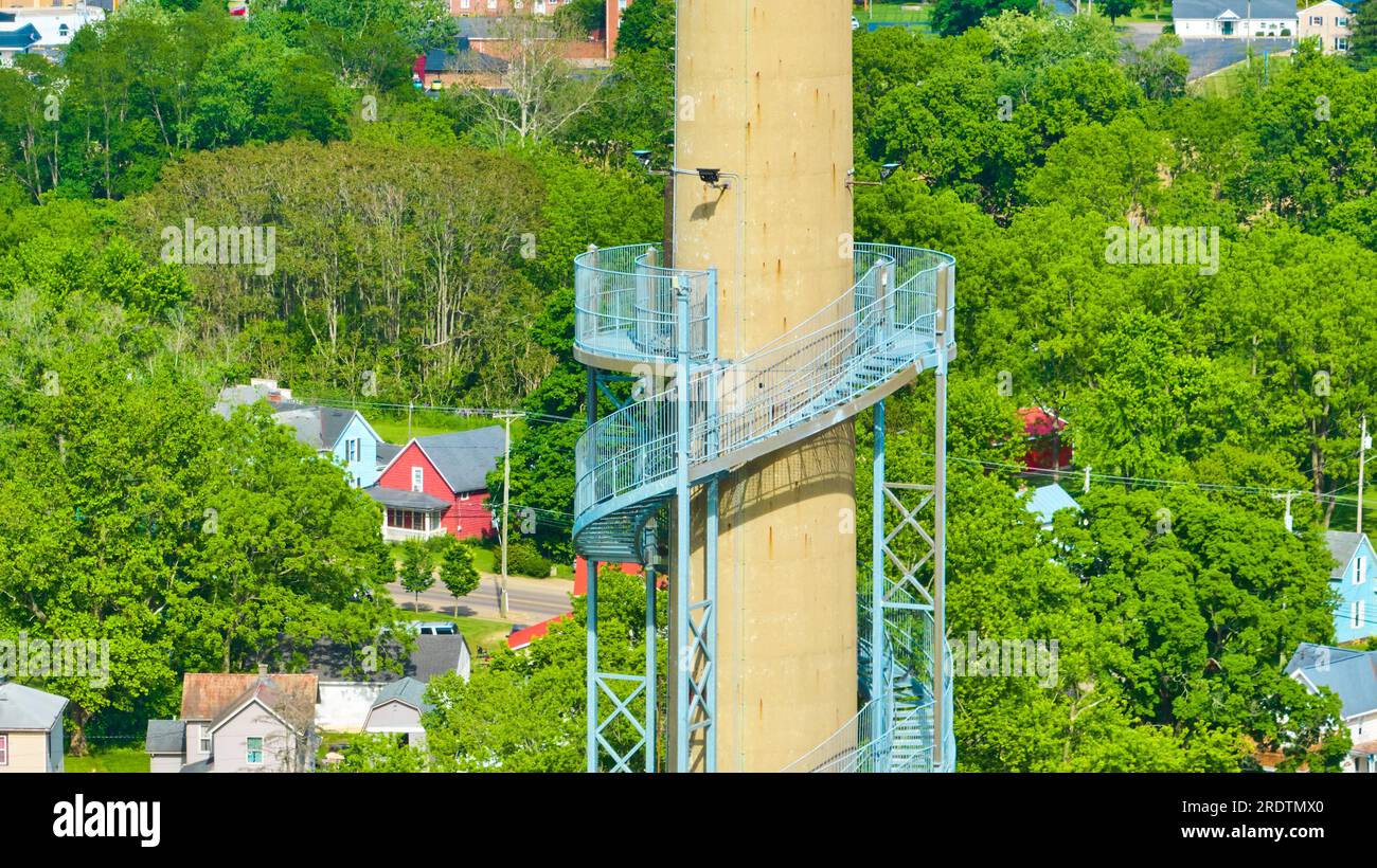 Gorgeous blue metal spiral staircase aerial of Rastin Observation Tower ...