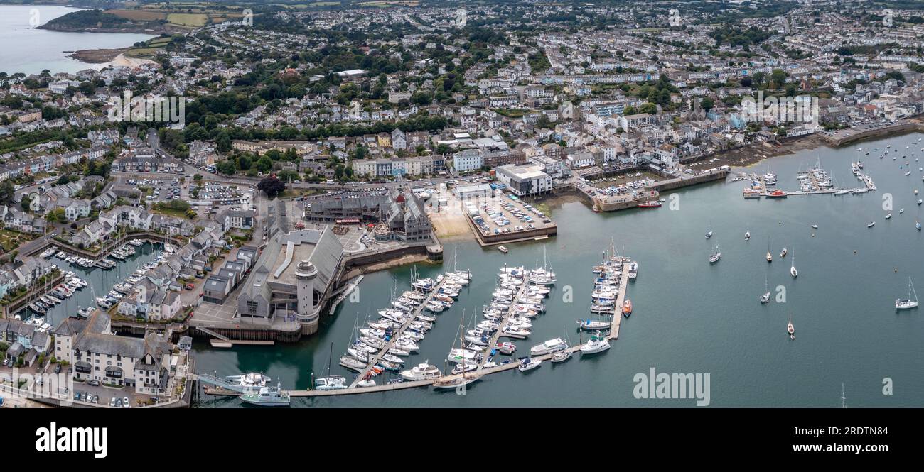 FALMOUTH, CORNWALL, UK - JULY 5, 2023. Aerial landscape panorama view of the National Maritime ...