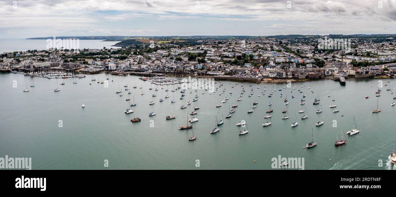 FALMOUTH, CORNWALL, UK - JULY 5, 2023. Aerial landscape panorama view of the National Maritime ...