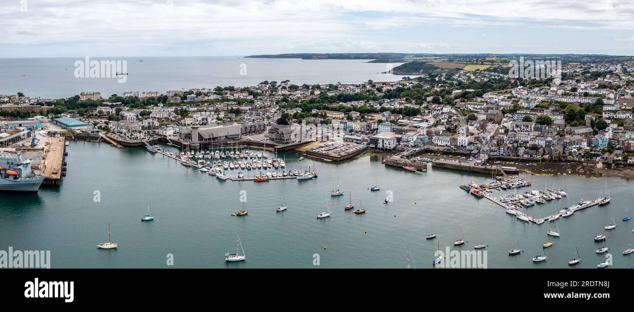 FALMOUTH, CORNWALL, UK - JULY 5, 2023. Aerial landscape panorama view ...