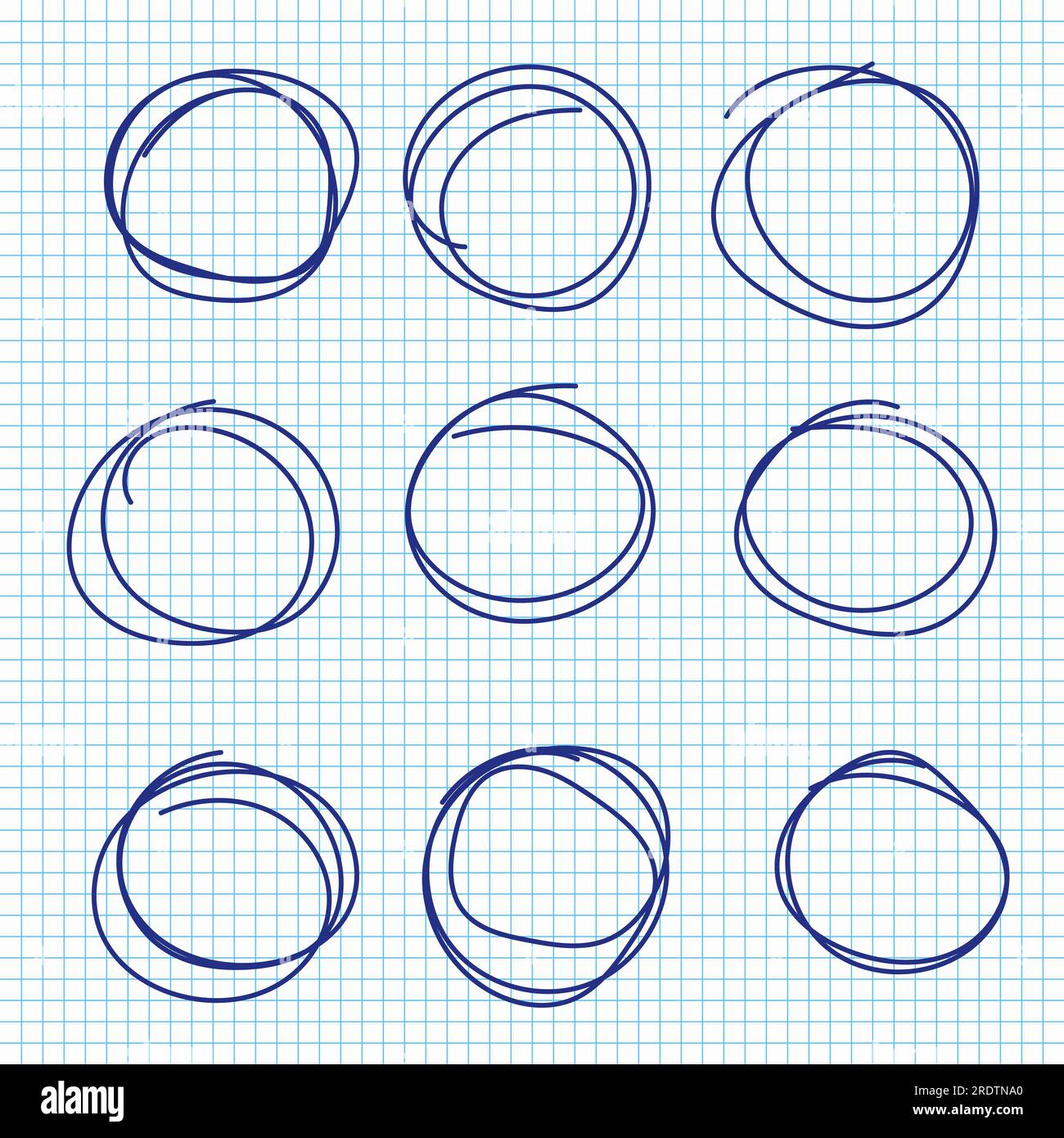 Hand drawn pen circles line sketch set on notebook pages. Drawing blue ...