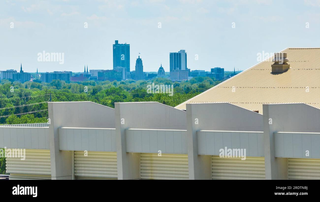 Allen County War Memorial Coliseum roof aerial with downtown Fort Wayne ...
