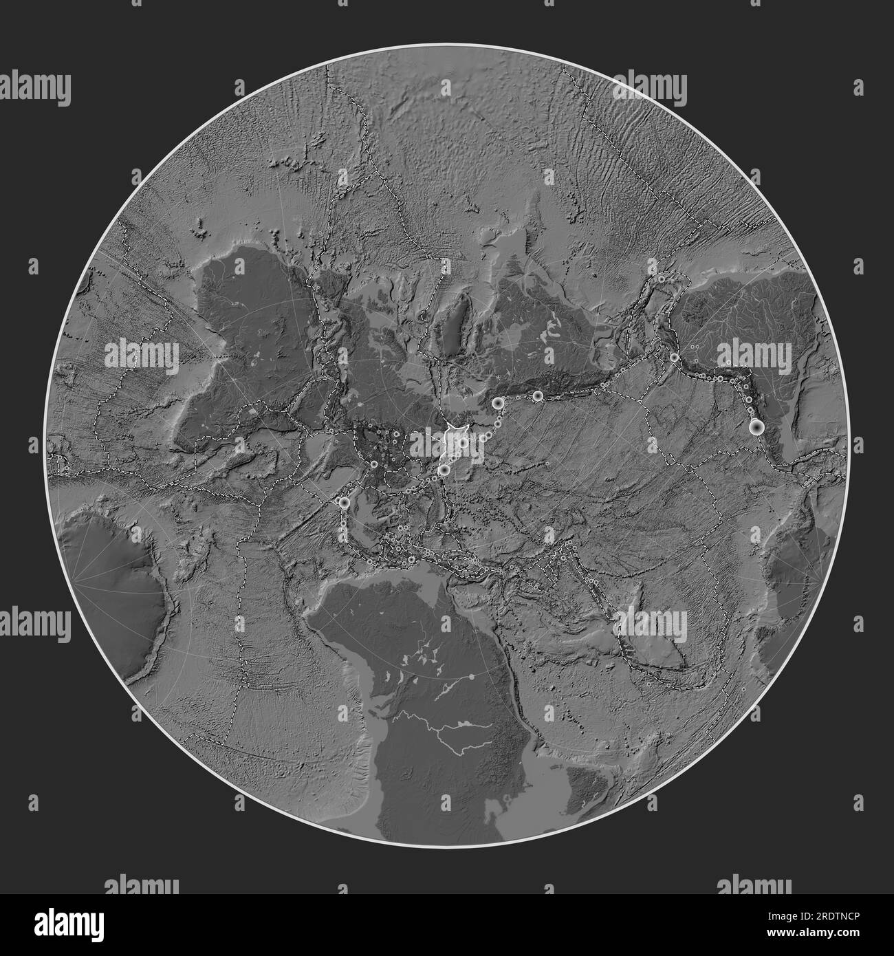 Okhotsk Tectonic Plate On The Bilevel Elevation Map In The Lagrange Oblique Projection Centered