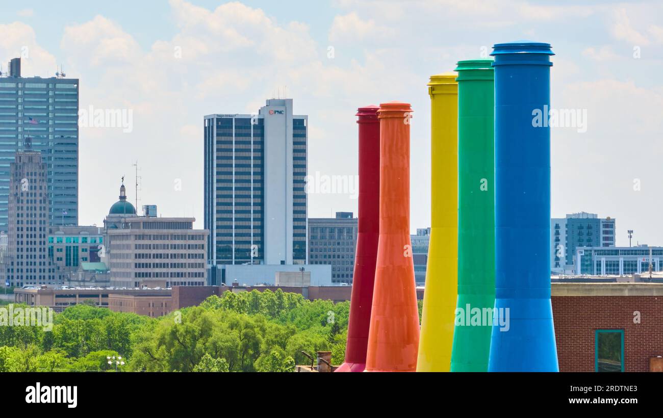 Aerial Science Central rainbow smokestacks with distant downtown Fort ...