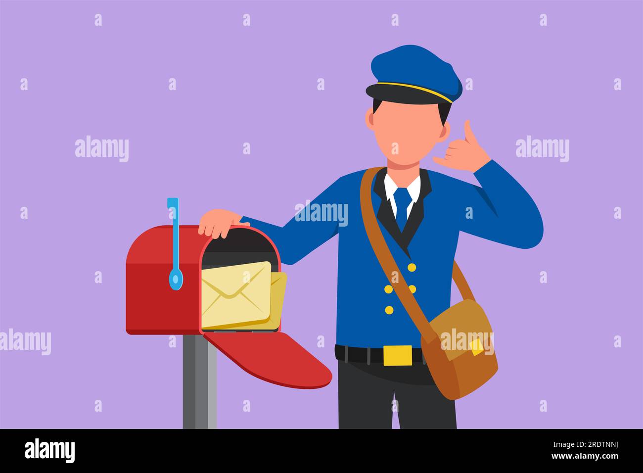 Graphic flat design drawing active postman holding envelope on mail box ...