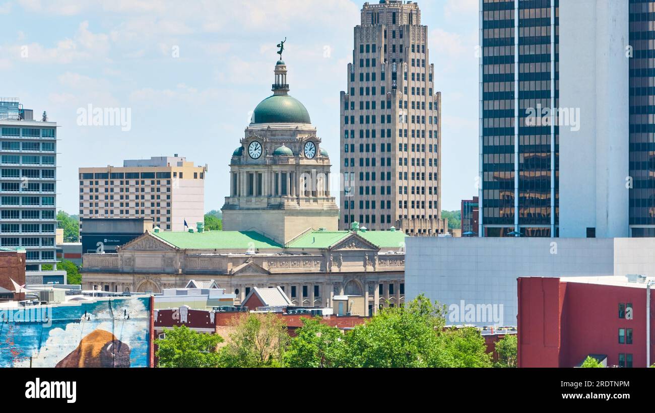 Aerial bright summer day of downtown Fort Wayne Allen County Courthouse ...