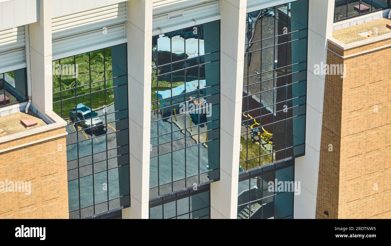 Aerial Allen County War Memorial Coliseum reflective front windows ...