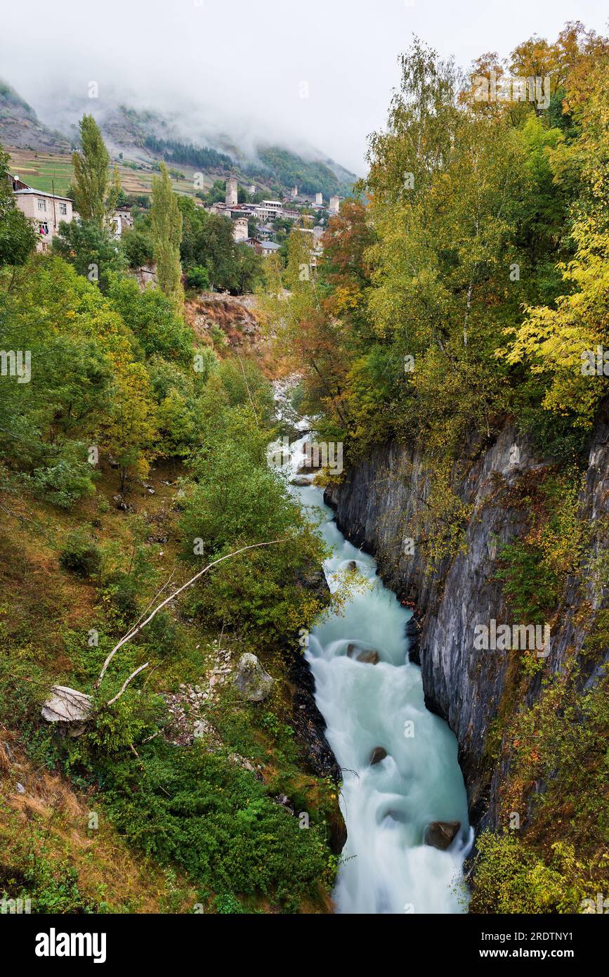 Old Georgia attractions. Stone medieval towers and houses. Mountain ...