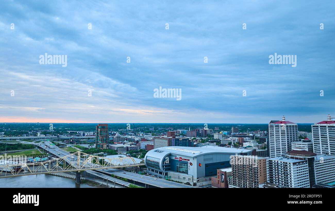 Belle Louisville steamboat riverfront near bridge and KFC Center aerial ...