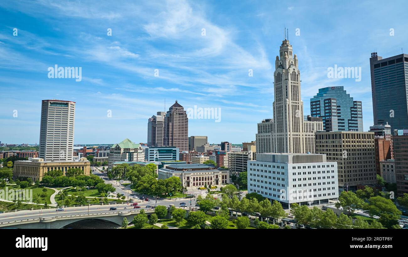 Aerial blue skies over downtown Columbus Ohio with LeVeque Tower aerial ...