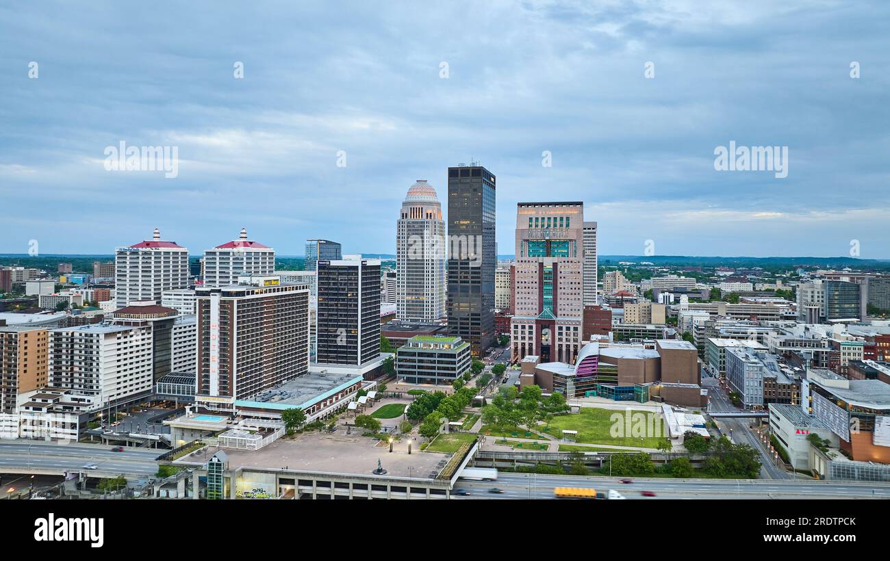 Cloudy blue skies over downtown of city aerial Louisville Kentucky ...