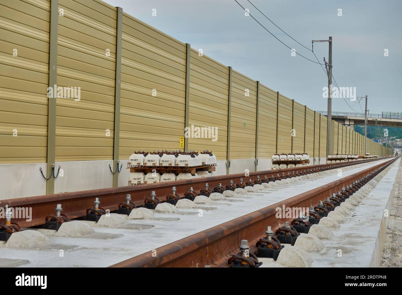New railroad track. Laying of ICE fast track. Construction site with ...