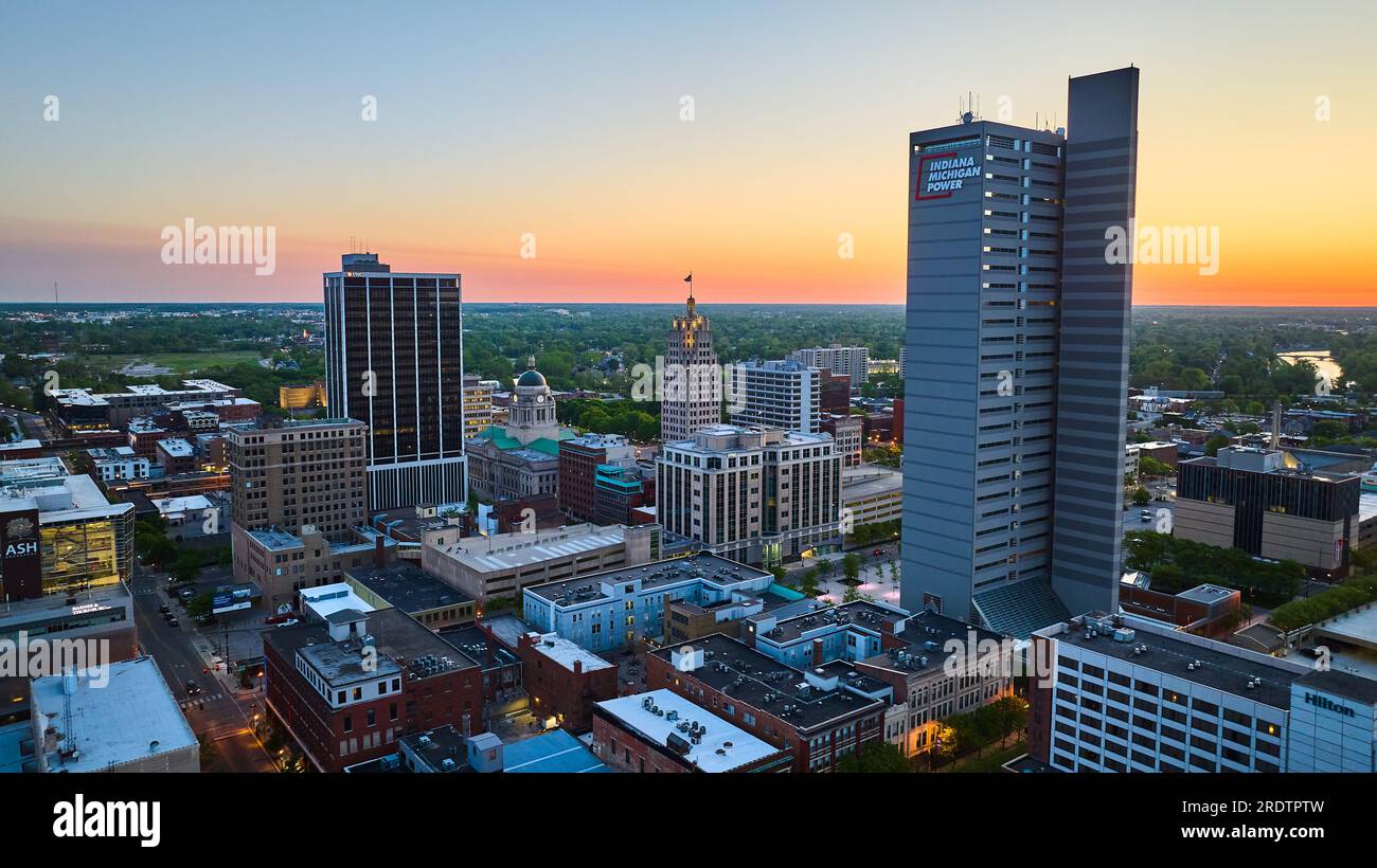 Aerial downtown Fort Wayne Indiana Michigan Power buildings cityscape ...