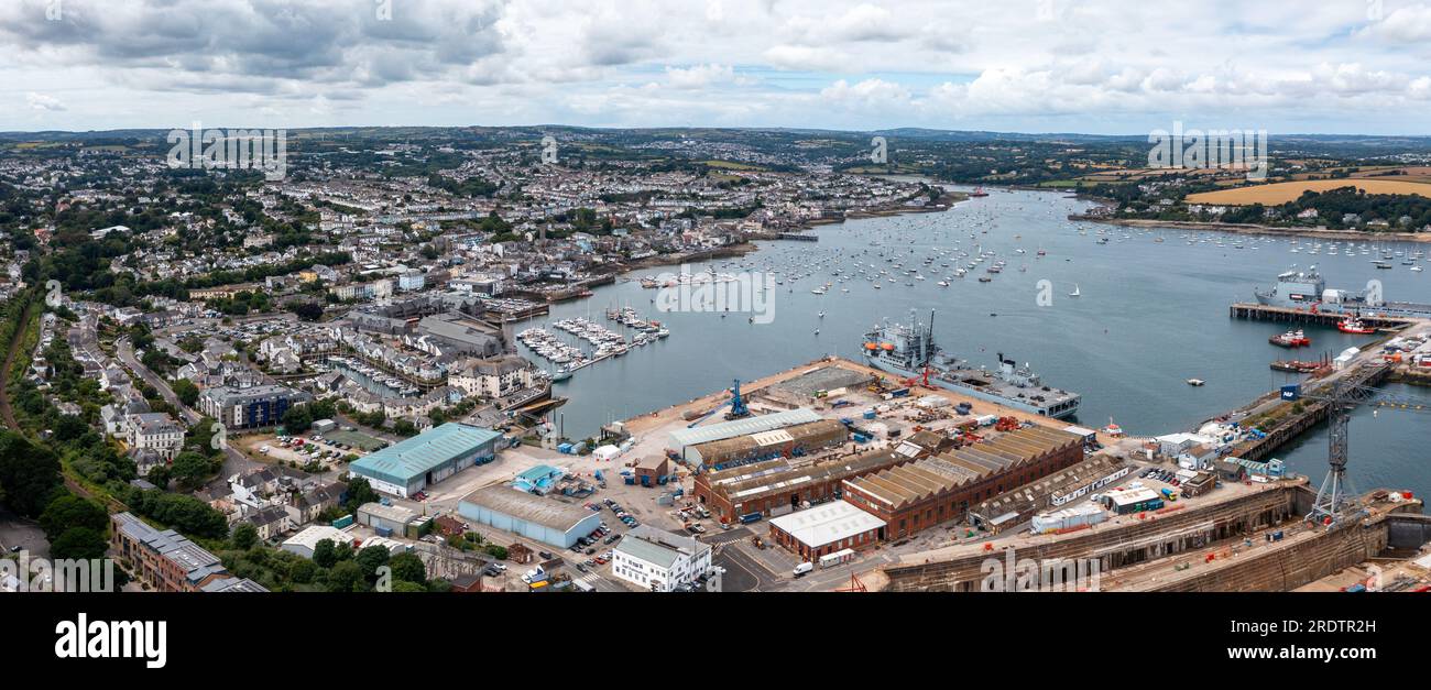 FALMOUTH, CORNWALL, UK - JULY 5, 2023. Aerial landscape panorama view ...