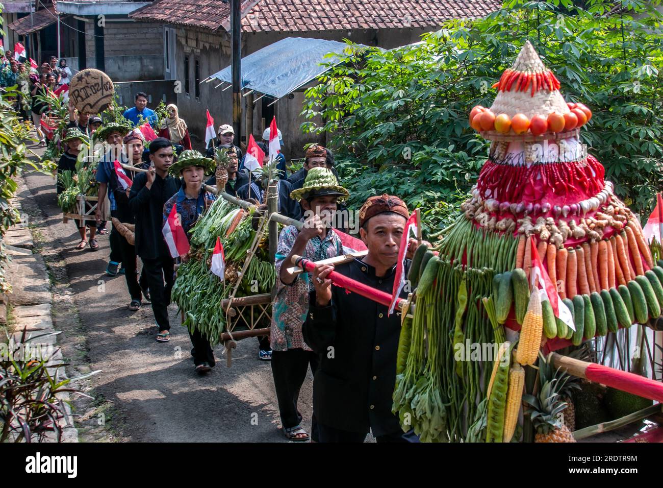 Residents do a procession by bringing natural products from agriculture ...