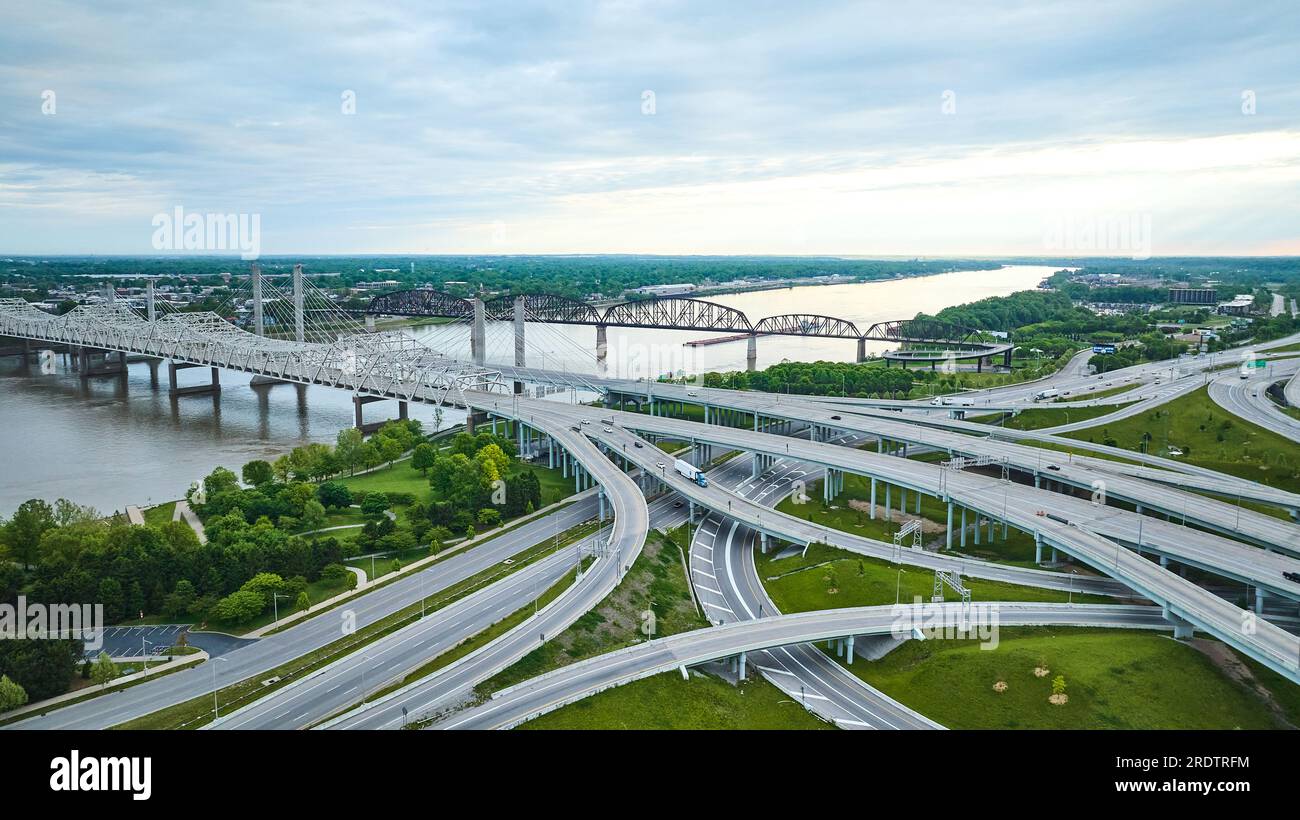 Aerial crisscrossing highway system in Louisville Kentucky leading to ...