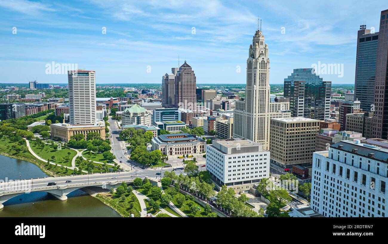 Aerial of summer promenade parks and bridge leading into heart of ...