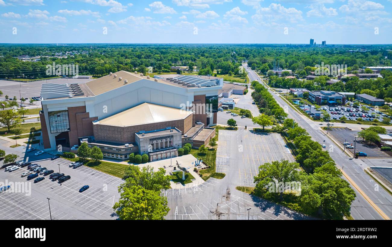 Aerial Allen Country War Memorial Coliseum with airplane and distant ...