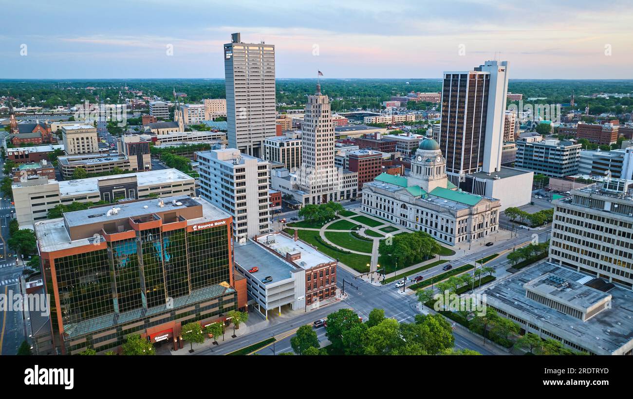 1st Source Bank and Allen County Courthouse blue hour sunrise aerial ...