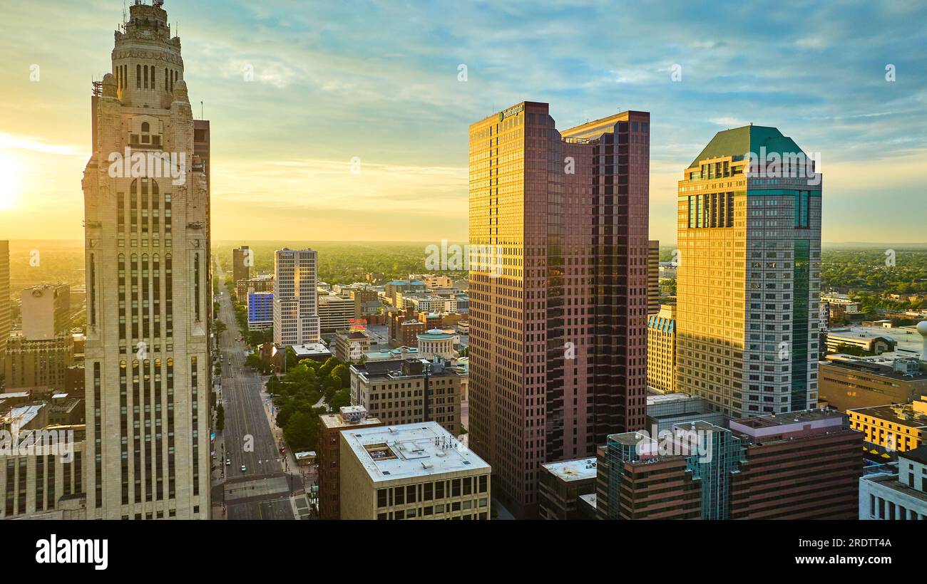 Aerial multiple skyscrapers in heart of downtown Columbus Ohio at ...