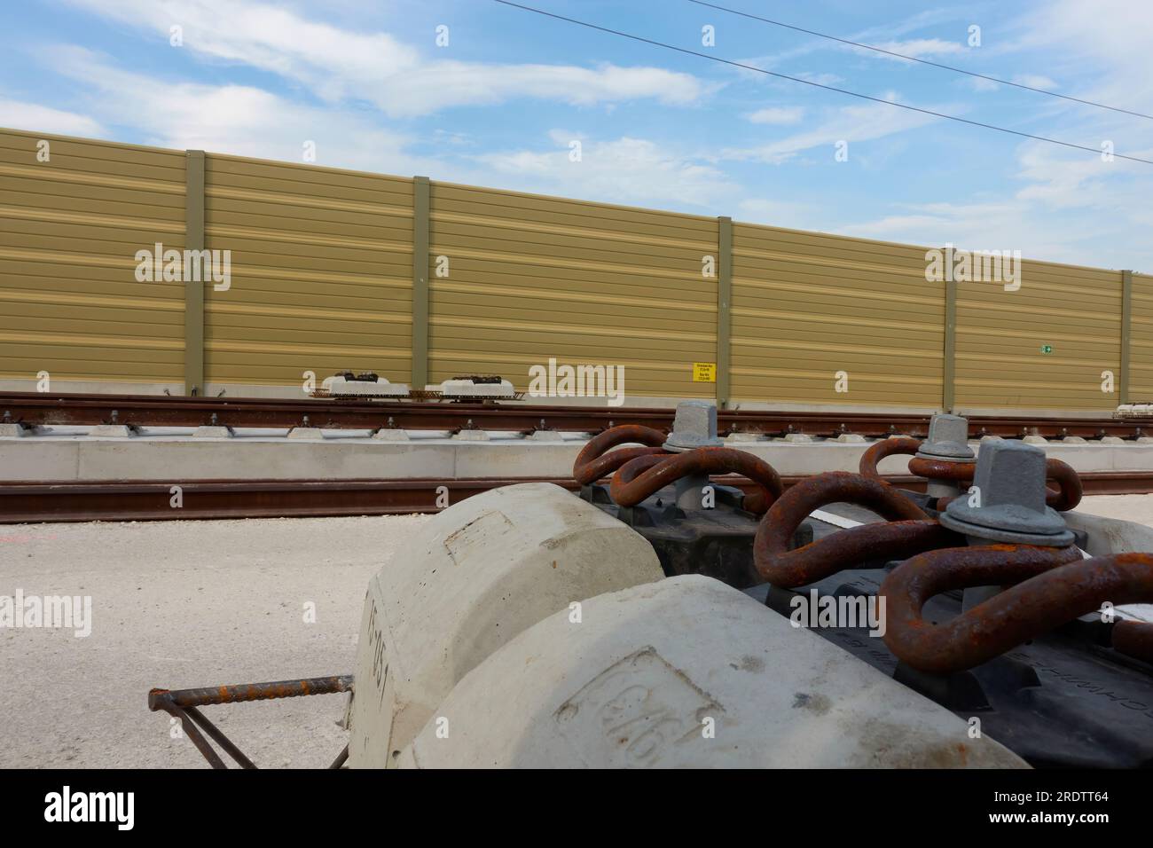 Closeup of railroad track sleepers and structural steel. ICE high speed ...