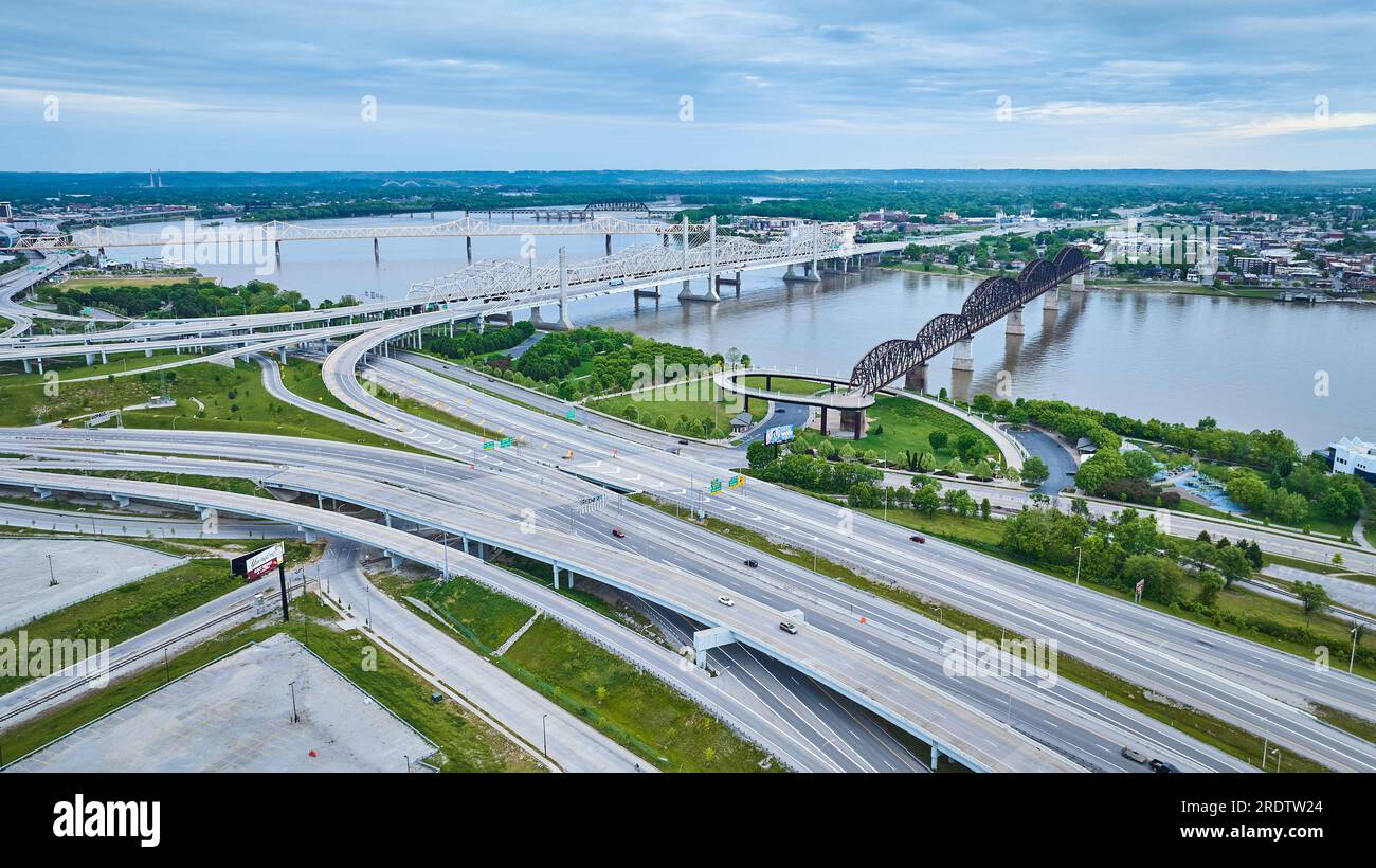Four bridges over Ohio River Aerial view white gold, concrete, and iron ...