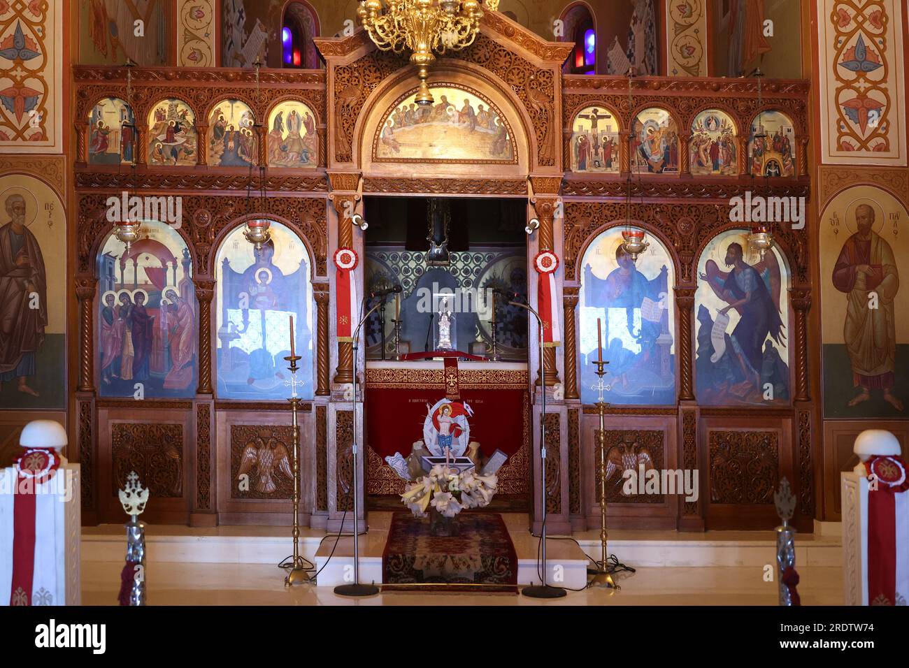 Interior view of the Metropolitan Orthodox Cathedral of Ypapanti, Firá ...