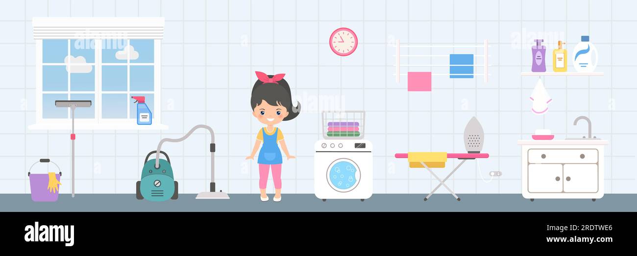 Laundry room with chibi girl and appliances and cleaning tools for home ...