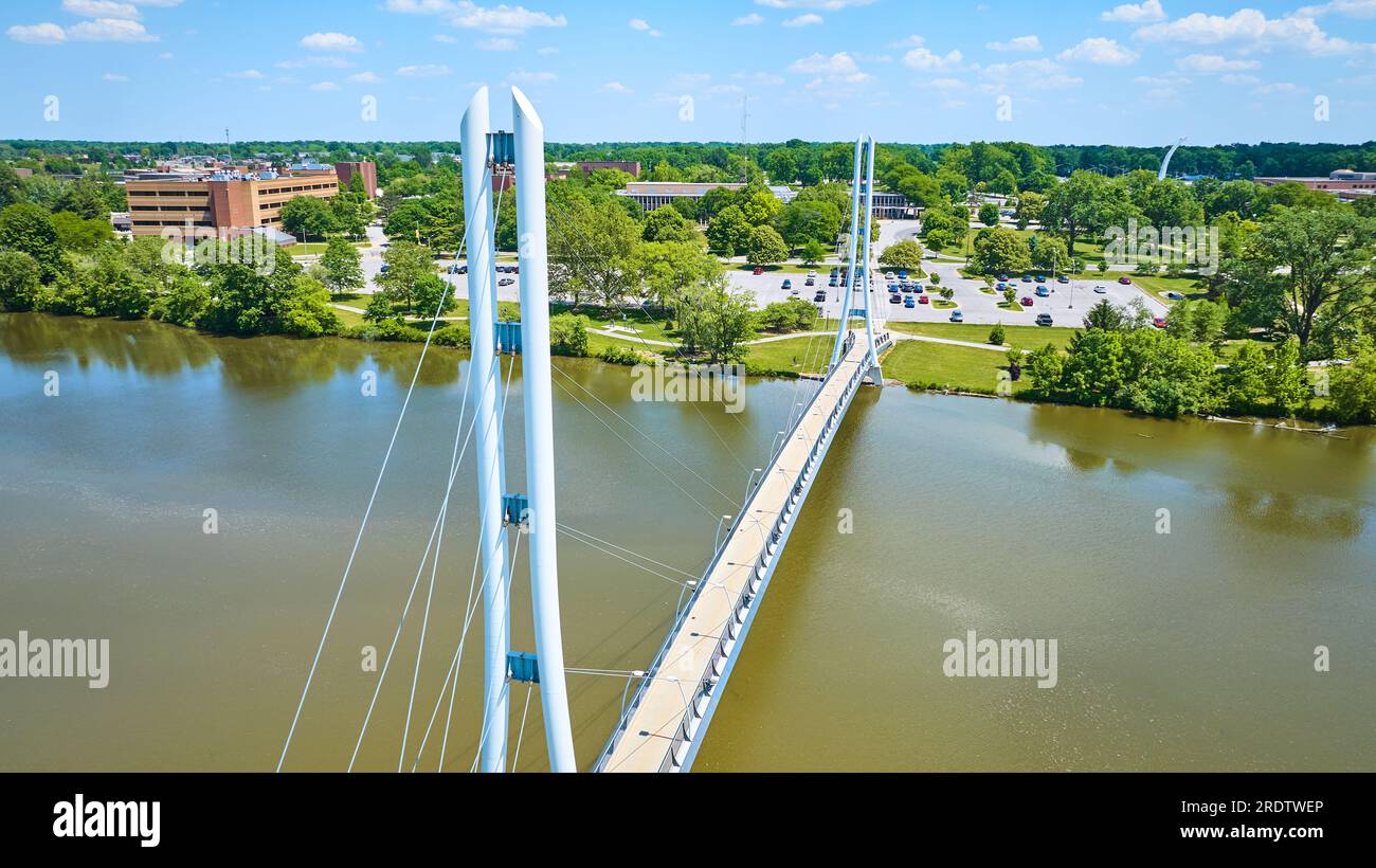 Aerial Ron Venderly Family Bridge leading to parking lot on PFW college ...