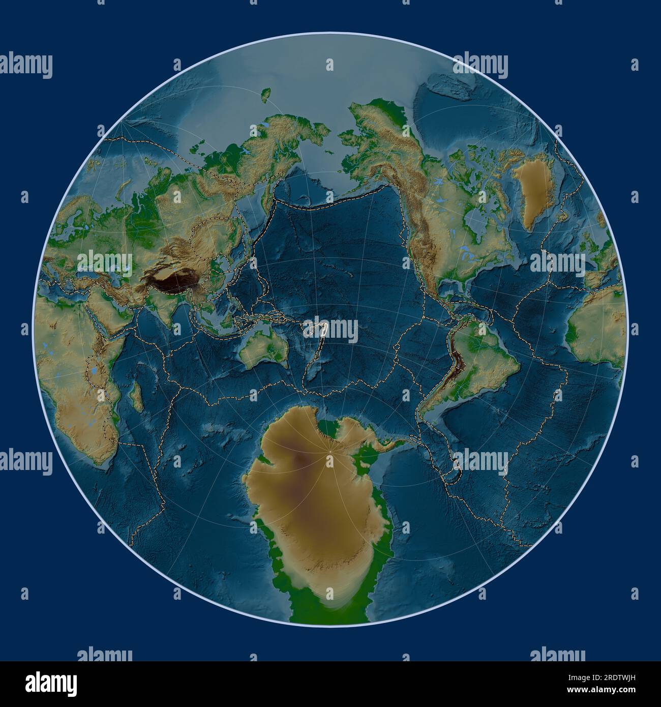 Tonga tectonic plate on the physical elevation map in the Lagrange ...
