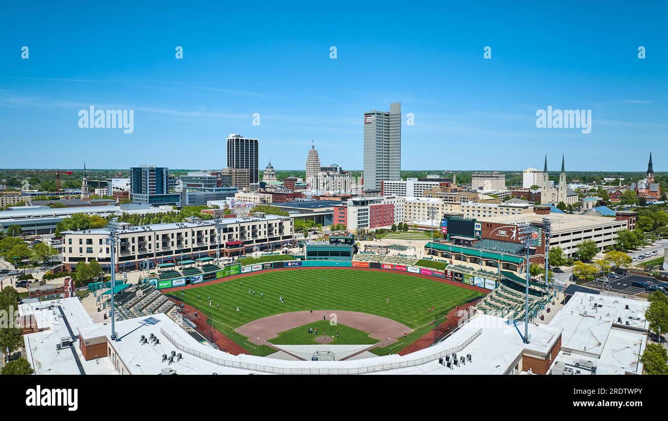 Downtown Fort Wayne with Parkview Field baseball skyscraper and church ...
