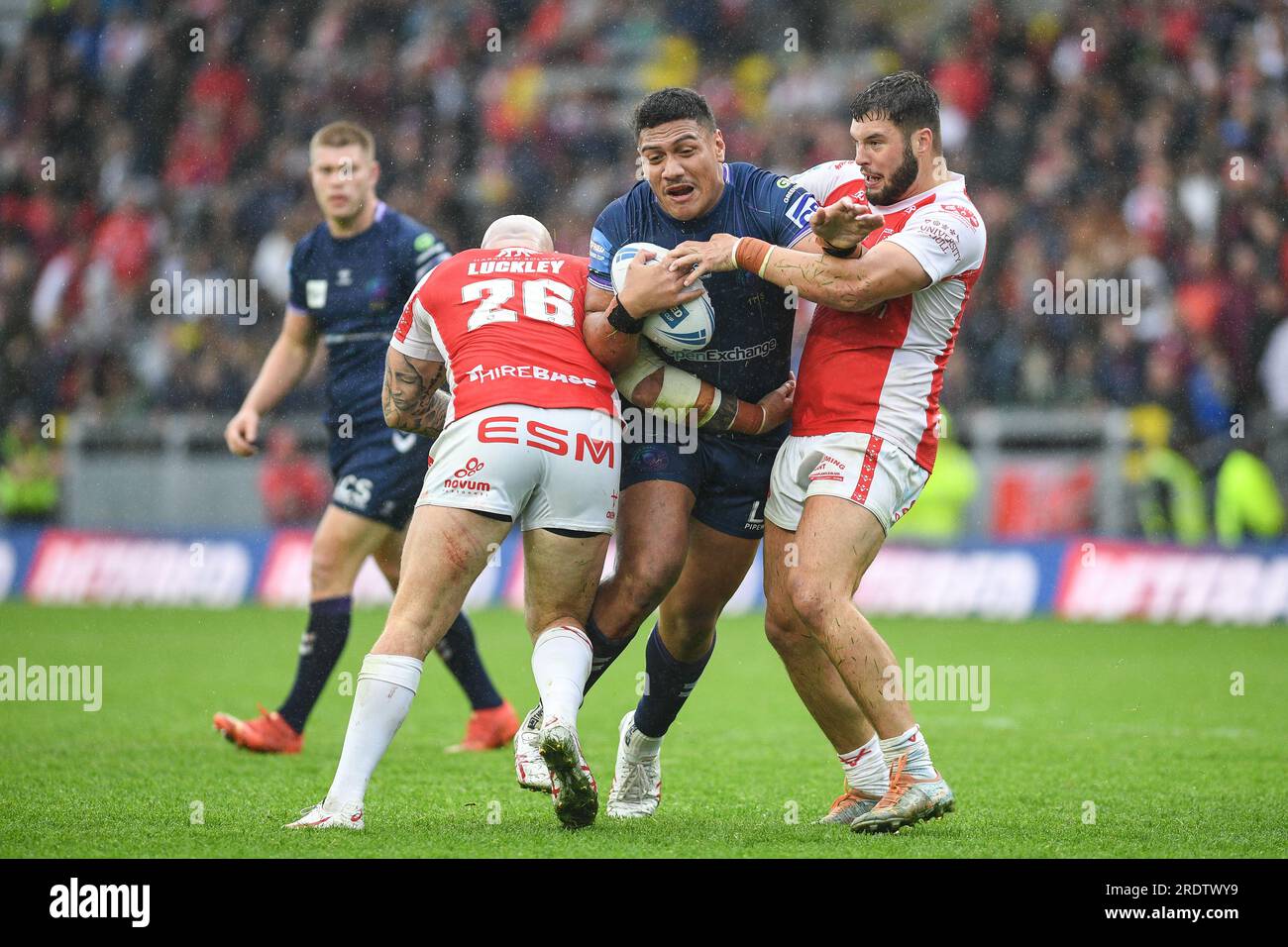 Leeds, UK. 23rd July, 2023. Patrick Mago of Wigan Warriors charges ...