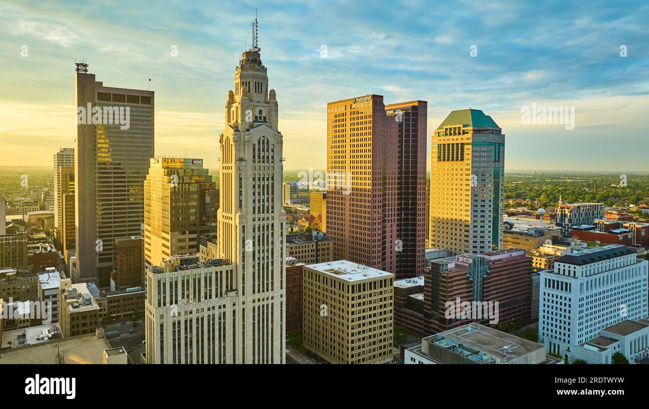 Columbus Ohio heart of downtown aerial at sunrise with iconic ...