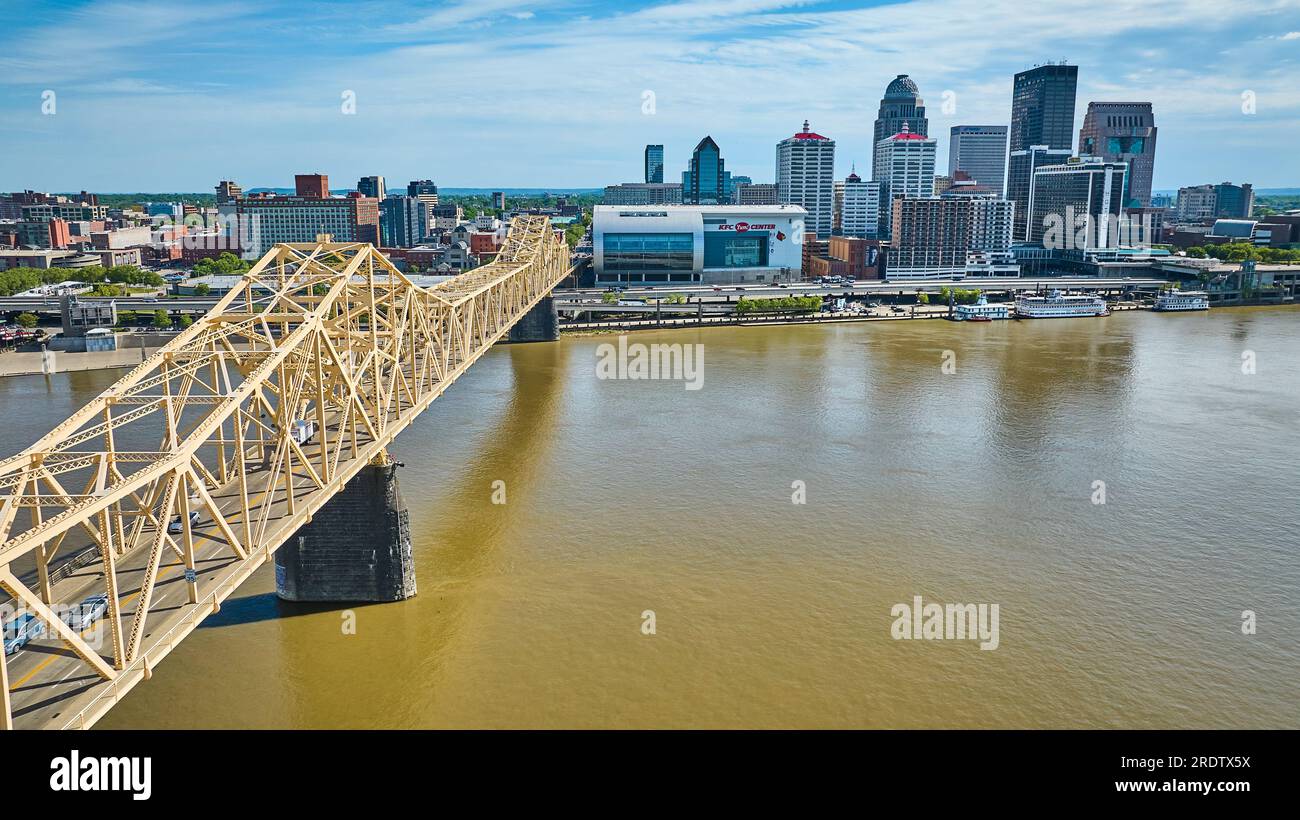 Ariel rose Gold bridge leading to heart of downtown Louisville ...