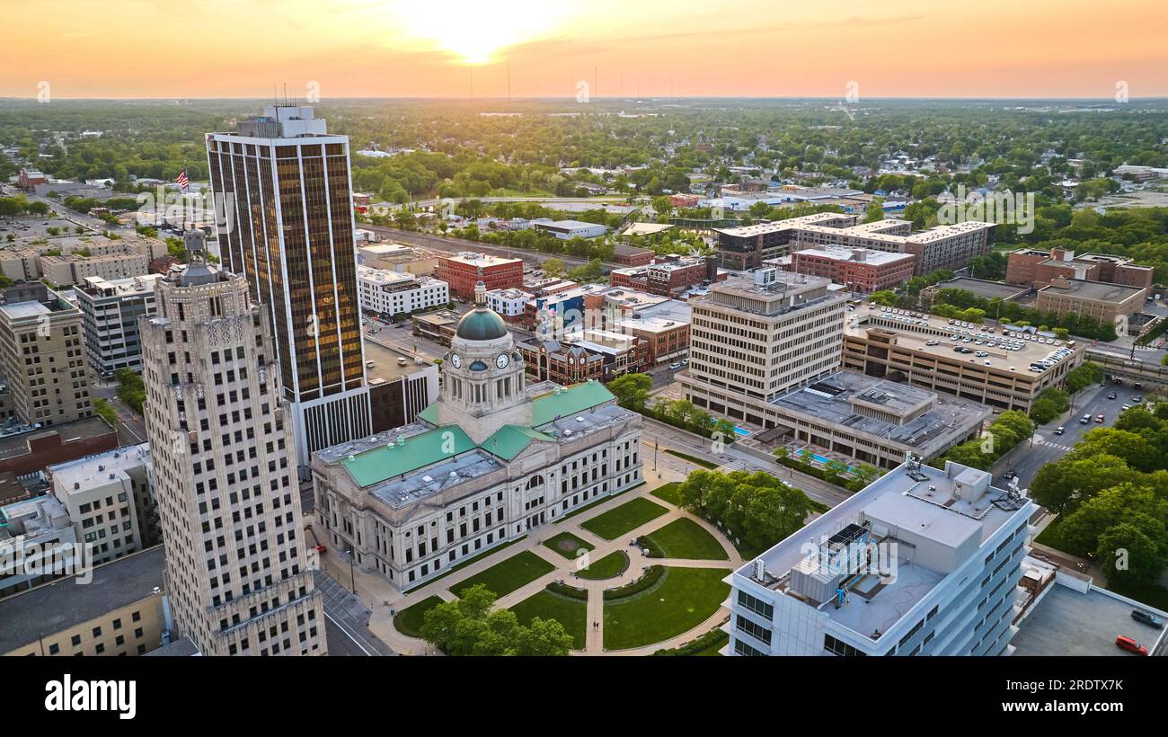 Sunset over downtown Fort Wayne courthouse with PNC Center and Lincoln ...