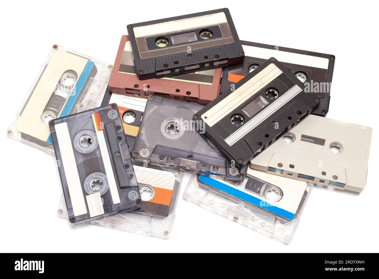 Collection of various vintage audio cassettes tapes, top view. isolated ...