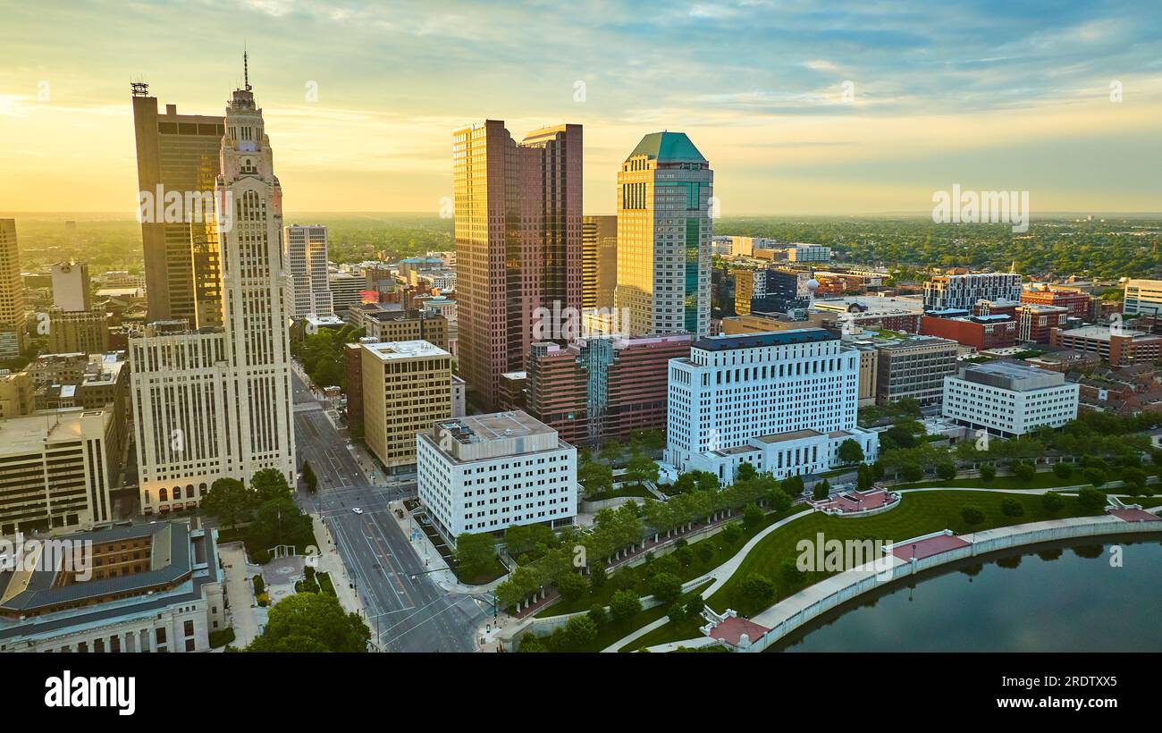 Golden sunlight striking main four Columbus Ohio downtown buildings ...