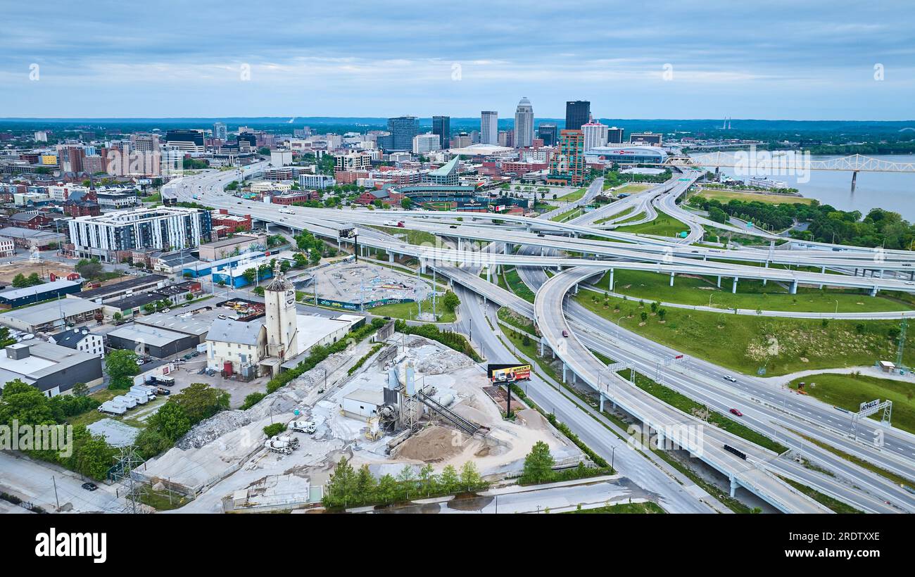 Louisville Kentucky Aerial over quarry suspended highway roads downtown ...